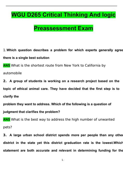 Wgu D265 Critical Thinking And Logic Pre Assessment Questions With 100