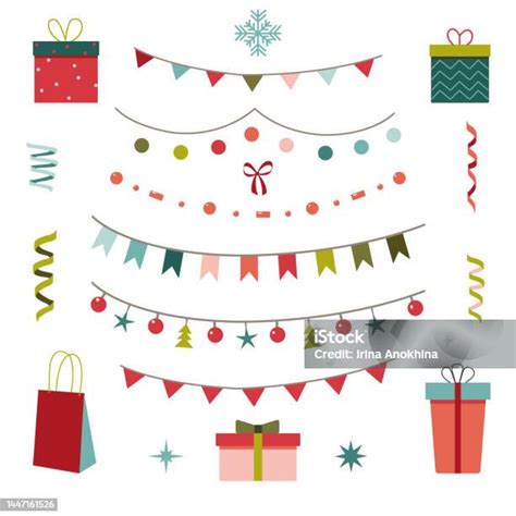 활과 리본으로 장식 된 다양한 화환 사문석 눈송이 별 및 선물 크리스마스에 대한 스톡 벡터 아트 및 기타 이미지 크리스마스