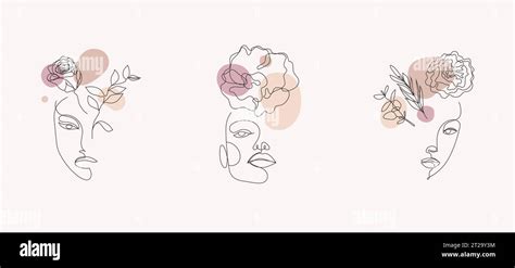 Vector Set Of Women Faces Line Art Illustrations Logos With Flowers