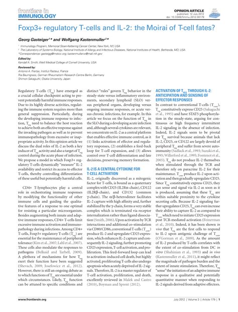 Pdf Foxp3 Regulatory T Cells And Il 2 The Moirai Of T Cell Fates