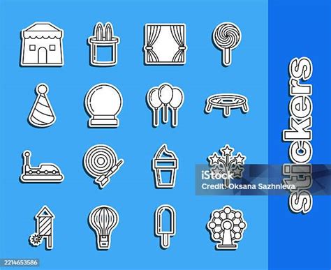 세트 라인 관람차 불꽃 놀이 점프 트램폴린 커튼 매직 볼 파티 모자 서커스 텐트 및 리본 아이콘이있는 풍선 벡터 공휴일에 대한 스톡 벡터 아트 및 기타 이미지 Istock