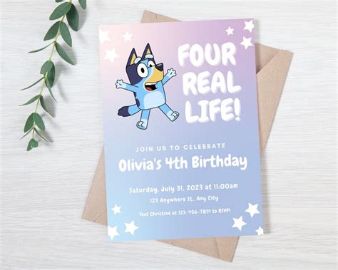 Bluey Themed Four Real Life 4th Birthday Invitation Template Etsy