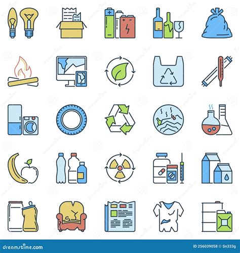 Garbage Waste Types Separation Colored Icons Set Recycling Or Sorting