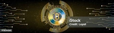 골든 미래 Bitcoin 개념입니다 Hud S 숫자와 라인 에이스 우주 배경 배너 브로슈어 기술 라인입니다 디지털