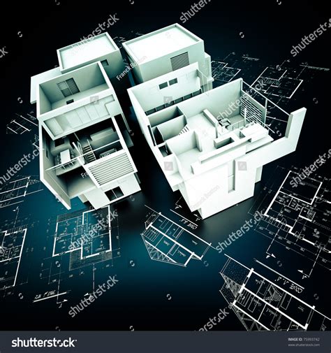 D Rendering Of A Modern Design Building On Top Of Blueprints In White And Black Stock Photo