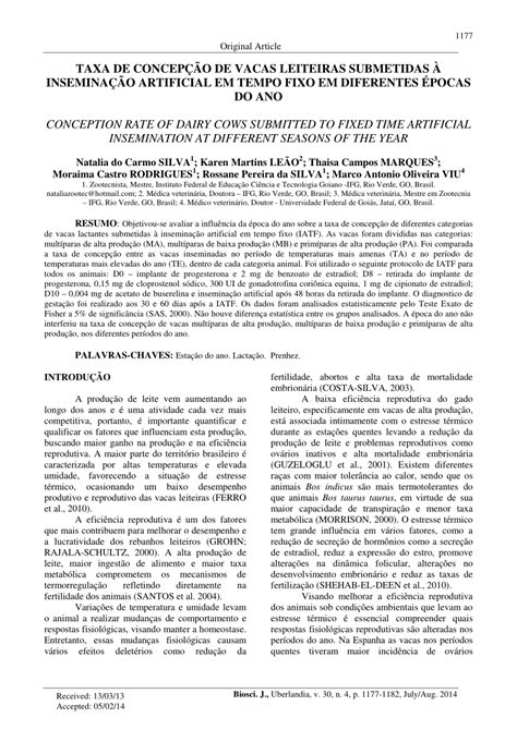 Pdf Conception Rate Of Dairy Cows Submitted To Fixed Time Artificial Insemination At Different