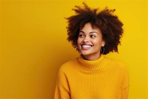 Smiling Woman On Yellow Background Premium Ai Generated Image