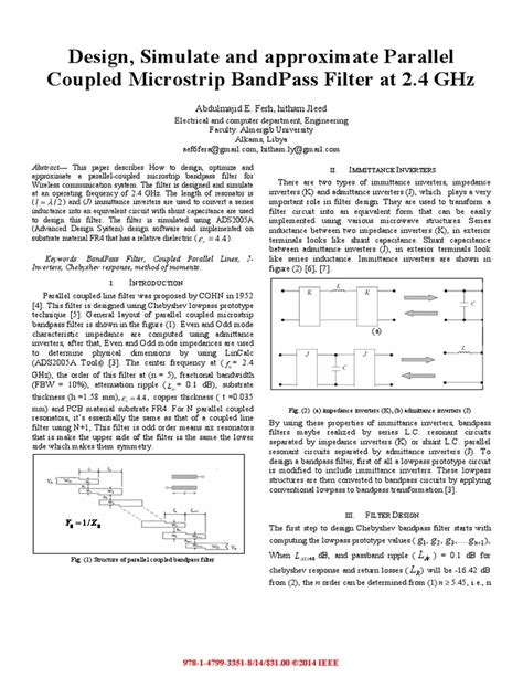 Design Simulate And Approximate Parallel Coupled Microstrip Bandpass Filter At 24 Ghz Pdf