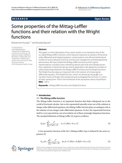 Pdf Some Properties Of The Mittag Leffler Functions And Their Relation With The Wright Function