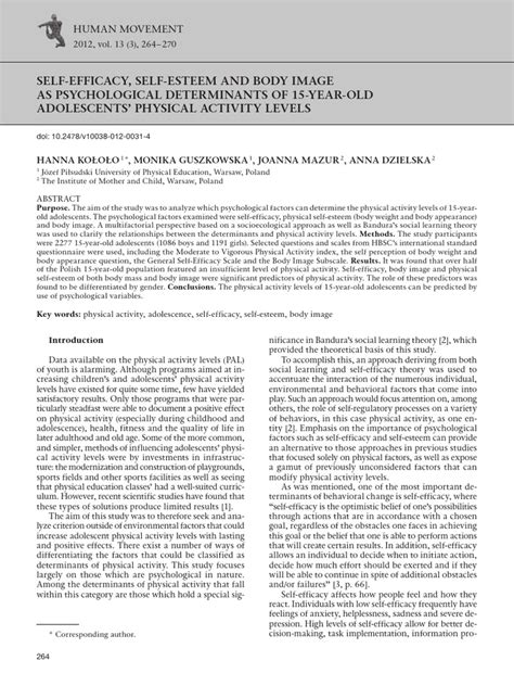Self Efficacy Self Esteem And Body Image As Psychological Determinants Of 15 Year Old