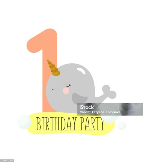 생일 파티 인사말 카드 파티 초대장 귀여운 아기 나르할 또는 고래 유니콘 캐릭터와 비문 하나와 아이 그림 만화 스타일의 벡터 일러스트레이션 0명에 대한 스톡 벡터 아트 및