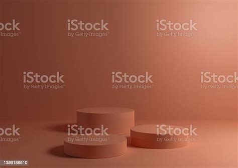 세 파스텔 핑크 연단 또는 제품 디스플레이 연어 핑크 배경에 서있다 제품 사진 3d 렌더링 모형을 위한 최소한의 구성 오른쪽에서