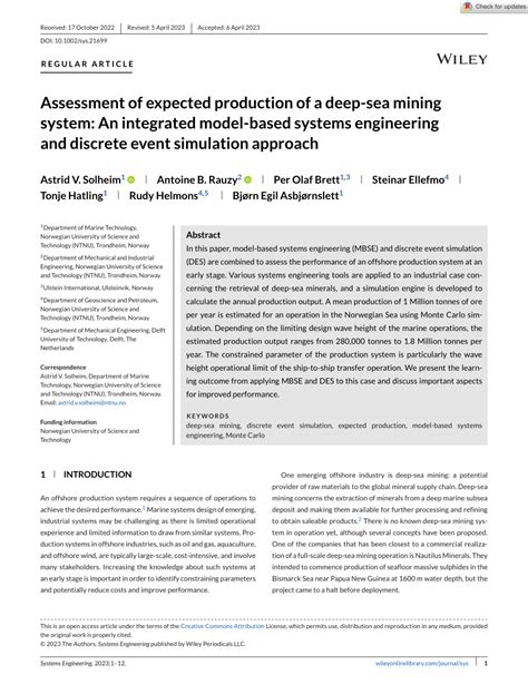 Pdf Assessment Of Expected Production Of A Deep‐sea Mining System An Integrated Model‐based