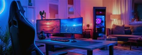 Premium Photo Gaming Setup In A Room With Bright Purple And Blue