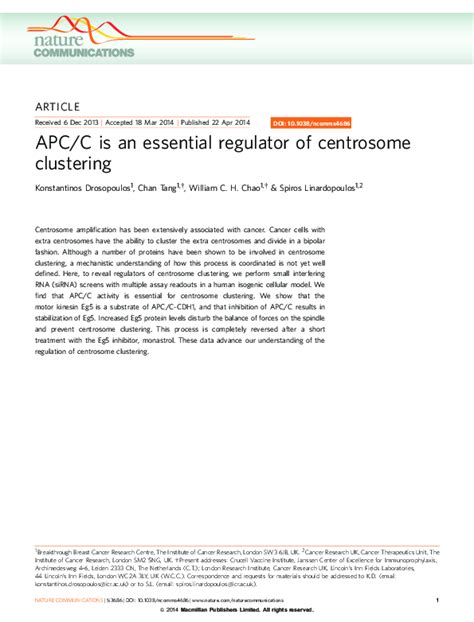Pdf Apcc Is An Essential Regulator Of Centrosome Clustering Pdf Apcc Is An Essential Regulator Of Centrosome Clustering