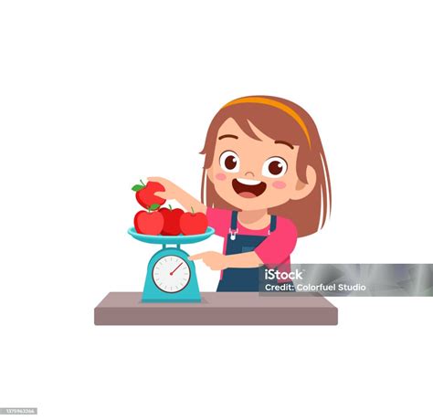어린 소녀는 계량 스케일을 사용하여 과일의 무게를 측정 건강관리와 의술에 대한 스톡 벡터 아트 및 기타 이미지 건강관리와