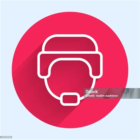 흰색 선 군용 헬멧 아이콘은 긴 그림자로 격리되어 있습니다 육군 모자는 방어와 보호의 상징입니다 보호 모자 빨간색 원 버튼입니다 벡터 강철에 대한 스톡 벡터 아트 및 기타