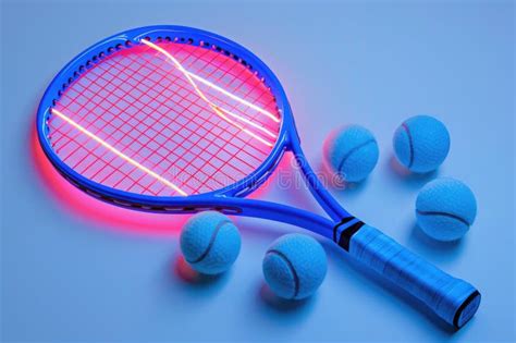 A Tennis Racket Lies Flat On A Blue Surface Surrounded By Four Tennis