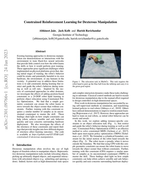 Pdf Constrained Reinforcement Learning For Dexterous Manipulation