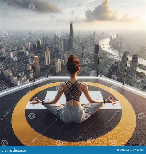 24 56 A Person Doing Yoga Poses On A Rooftop Helipad With Pno Stock