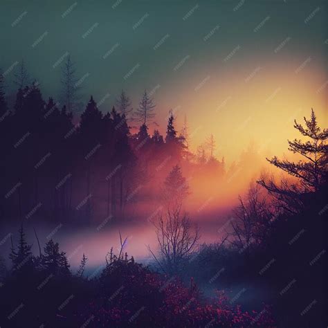 Premium Photo Beautiful Misty Forest Nature Landscape At Sunset Or
