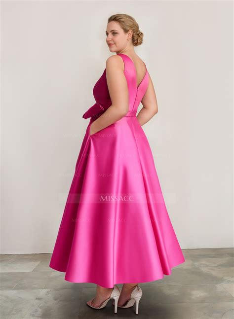 A Line V Neck Sleeveless Ankle Length Satin Cocktail Dresses With Bows