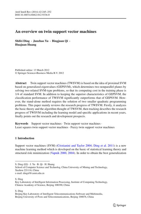Pdf An Overview On Twin Support Vector Machines