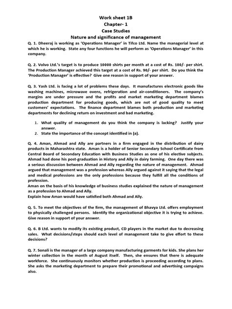 Work Sheet 1b Case St Chapter 1 Class 12 B St Pdf Employment Goal