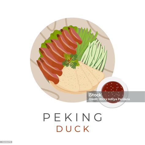 북경 오리의 그림 벡터는 나무 접시에 담겨 중국 팬케이크 야채와 맛있는 소스와 함께 먹습니다 가금류에 대한 스톡 벡터 아트 및