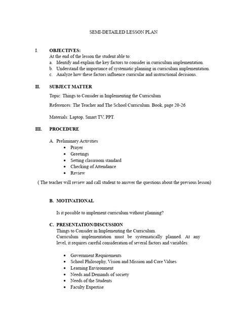 Lesson Plan Things To Consider In Implementing Curriculum Pdf
