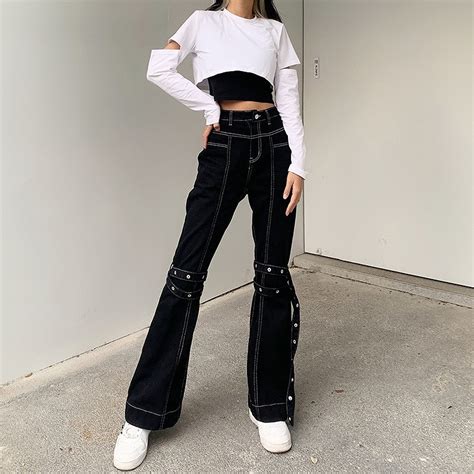 レッグバンデージ レディース ハイウエストデニム フレアジーンズ 韓国ファッション ダンス 衣装 女性 ヒップホップ ストリート かっこいい
