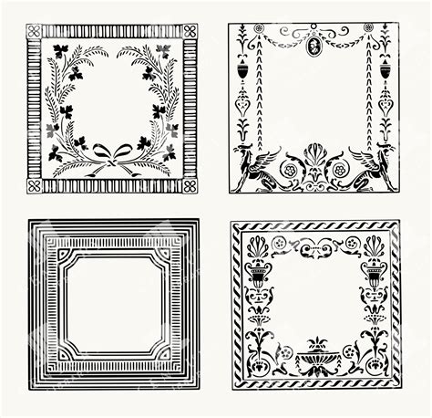 Four Ornate Square Borders With Neoclassical Motifs Laurel Wreaths