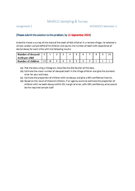 Assignment 02 Mh4511 Sampling And Survey Assignment 2 Ay2024 25 Semester 1 Please Submit The