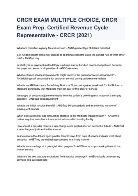 CRCR EXAM MULTIPLE CHOICE CRCR Exam Prep Certified Revenue Cycle Representative CRCR 2021