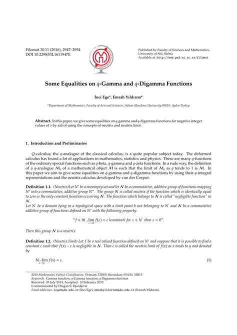 Pdf Some Equalities On Q Gamma And Q Digamma Functions