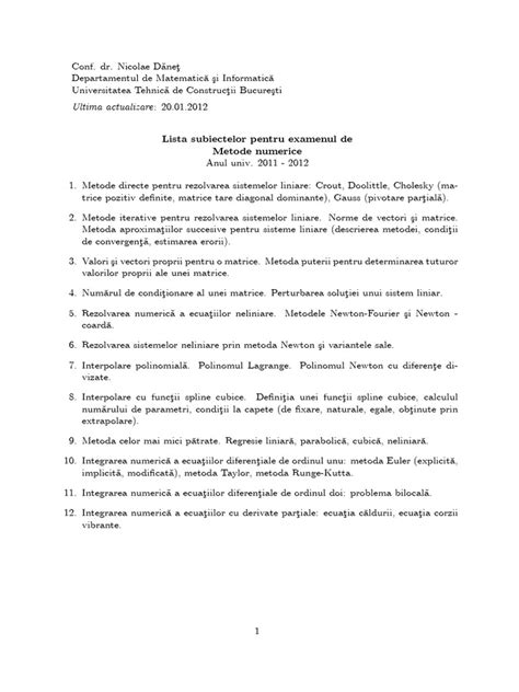 Liata Subiectelor Metode Numerice 2011 2012 Pdf