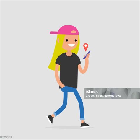 탐색 응용 프로그램 도시 생활양식입니다 새로운 기술입니다 빨간 지리적 위치 핀 스마트폰 들고 젊은 여성 캐릭터 평면 편집 가능한