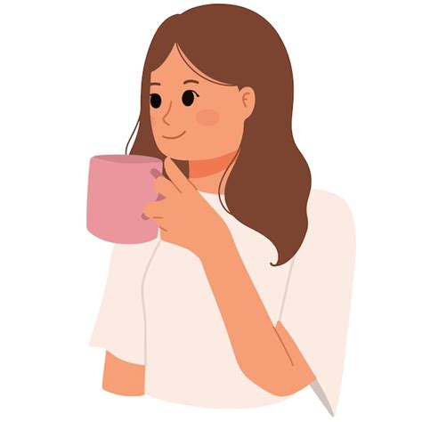 Premium Vector A Woman Drinking Coffee Or Milk Or Tea From Pink Mug
