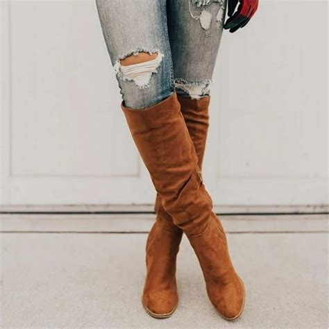 Women Over The Knee Boots Block Winter Thigh High Suede Low Above Flat