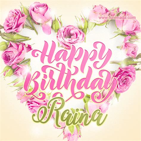 Pink Rose Heart Shaped Bouquet Happy Birthday Card For Raina