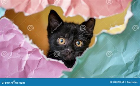 Kitten In The Hole Pastel Background Middle Of Frame Royalty Free Stock