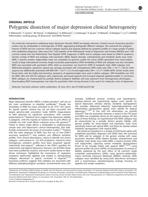 Pdf Polygenic Dissection Of Major Depression Clinical Heterogeneity