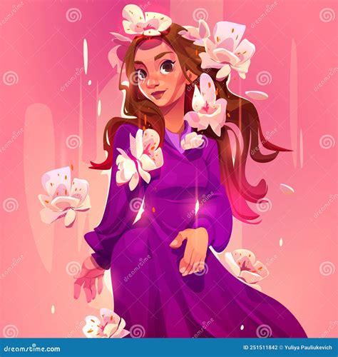 Cartoon Girl With Brown Hair In Long Purple Dress Stock Vector