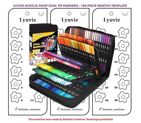 Digital PDF Lyuvie 158 Piece Dual Tip Acrylic Paint Markers Swatch Template Single Page