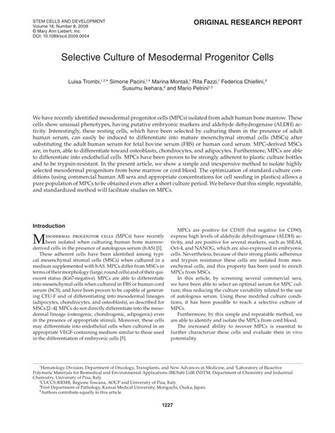 Pdf Selective Culture Of Mesodermal Progenitor Cells