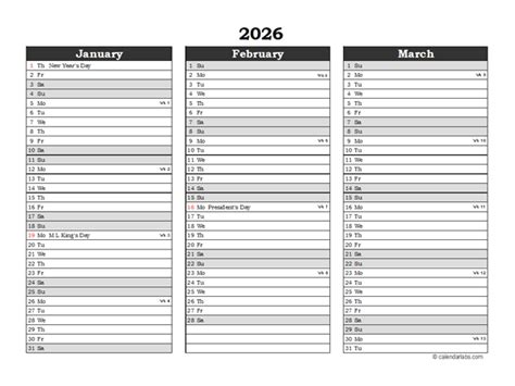 Editable 2026 Excel Three Month Calendar Free Printable Templates
