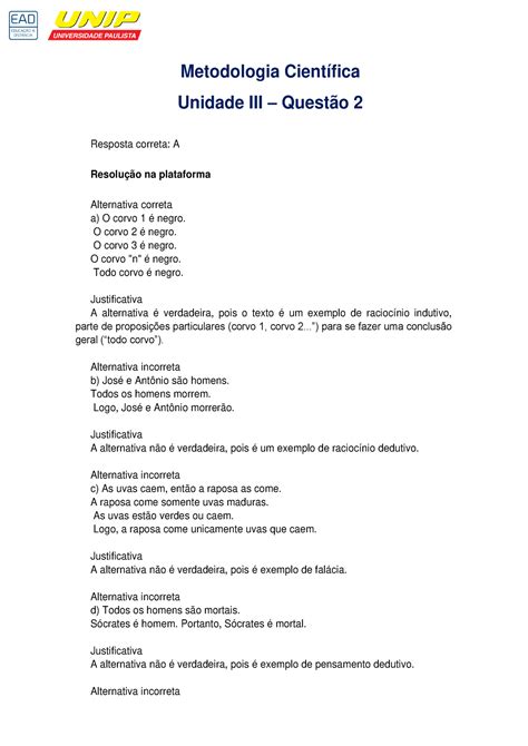 Resolução do LT Unidade III Metodologia Científica Unidade III Questão Resposta correta