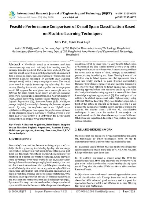 Pdf Irjet Feasible Performance Comparison Of E Mail Spam Classification Based On Machine