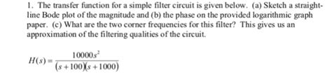 Solved The Transfer Function For A Simple Filter Circuit Chegg