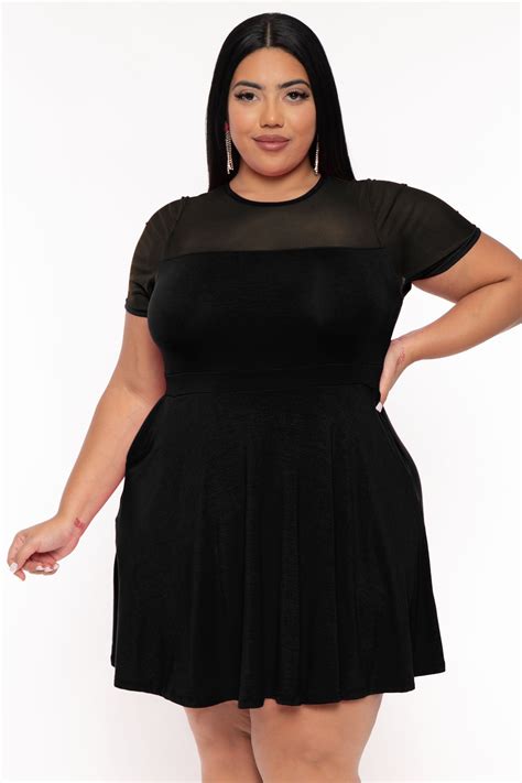 Plus Size Becky Mesh Flare Dress Black Curvy Sense